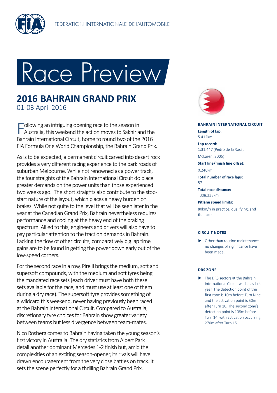 F1 - 2016 Bahrain Grand Prix - Preview | Federation Internationale de l ...
