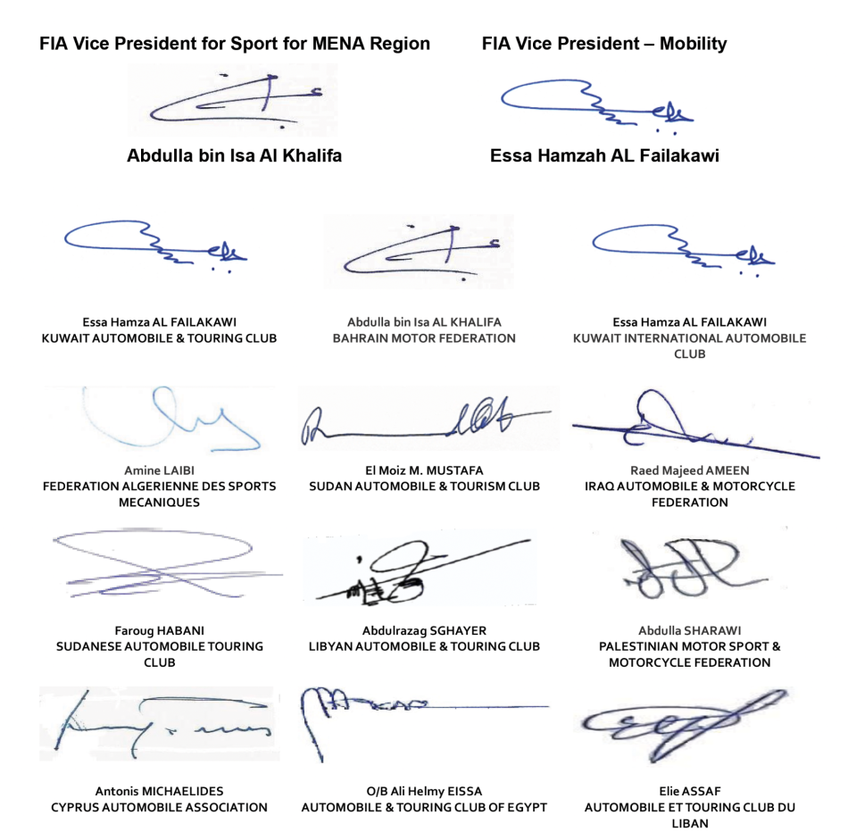 Letter from FIA Members for Sport of MENA Region and FIA Members of ...