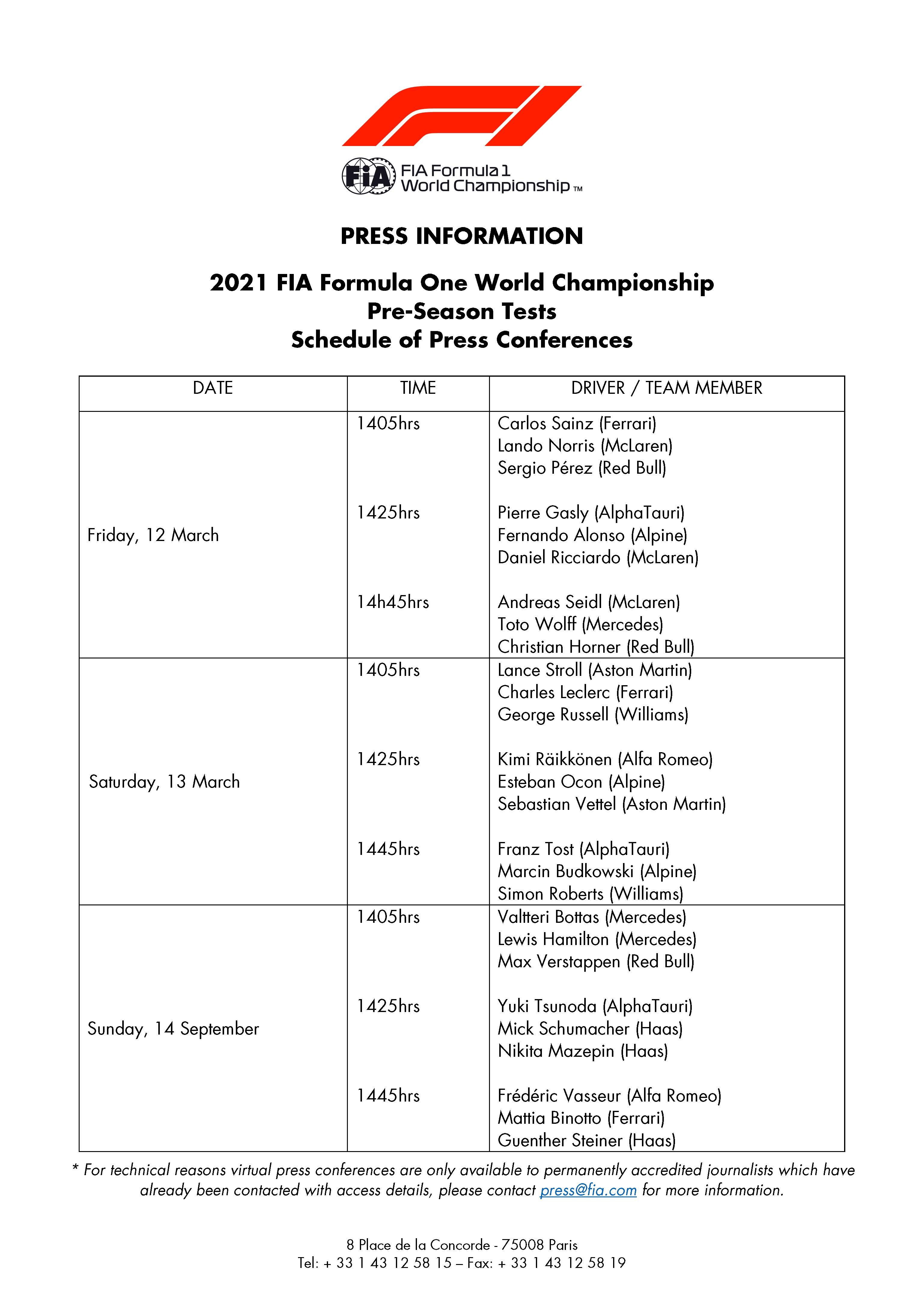 F1 - 2021 PRE-SEASON TESTS SCHEDULE OF VIRTUAL PRESS CONFERENCES ...