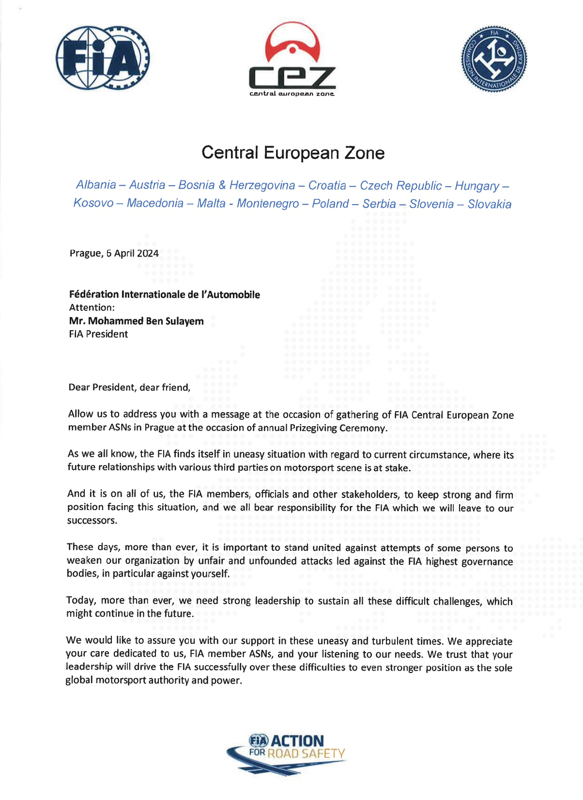 Letter from FIA Member Clubs and Sport Federations of the Central ...